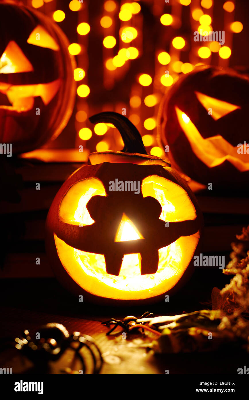 Glowing pumpkins in the dark Stock Photo - Alamy
