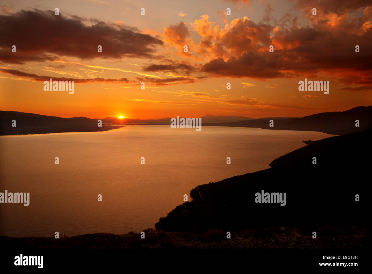 Sunset in lake Trichonida (or "Trichonis"), the largest Greek lake ...