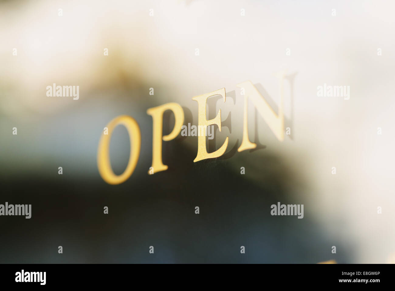Open Writing On Glass Door Stock Photo - Alamy