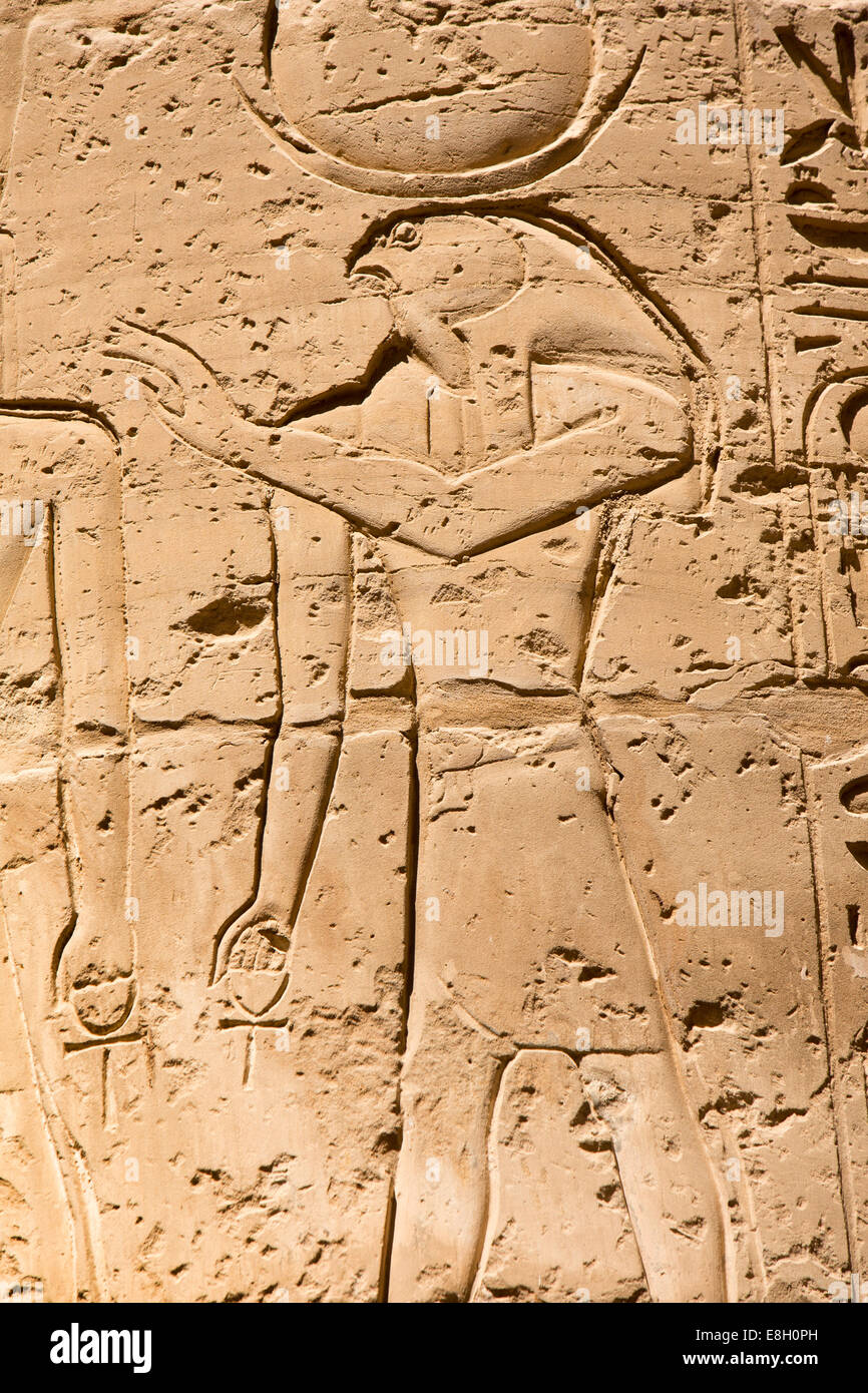 Egypt, Luxor, Karnak Temple, bas relief of deity Horus, with head of ...