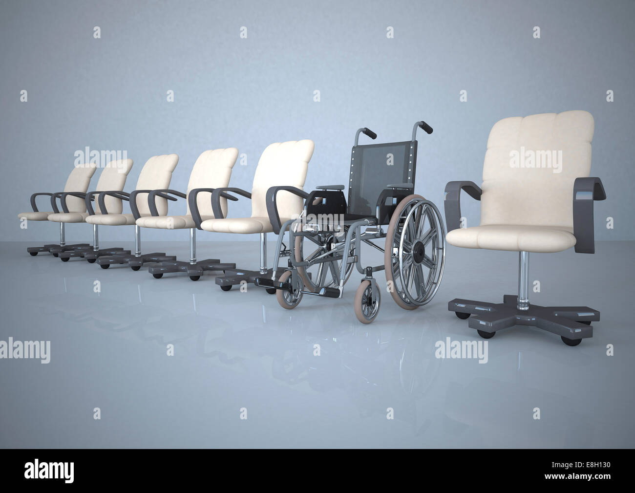 Row of office chairs with one wheelchair Stock Photo - Alamy