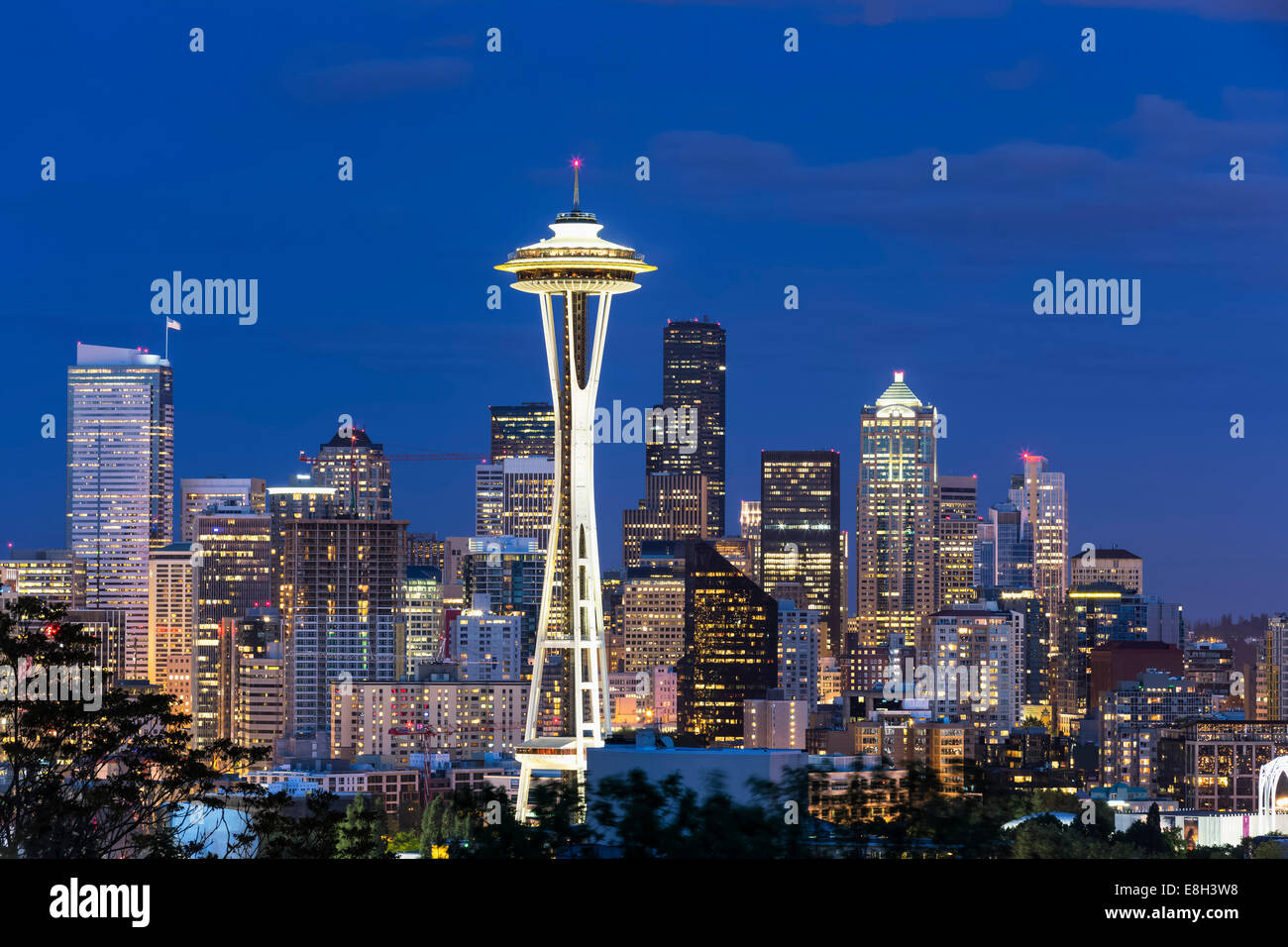 USA, Washington State, skyline of Seattle with Space Needle at blue ...