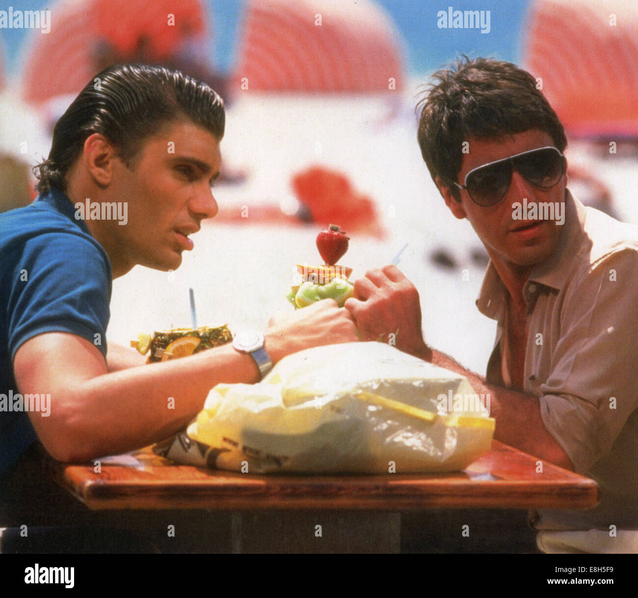 SCARFACE 1983 Universal film with Al Pacino at right and Steve Bauer ...