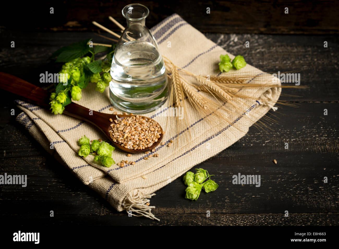Ingredients for brewing beer, hops, water, barley Stock Photo - Alamy