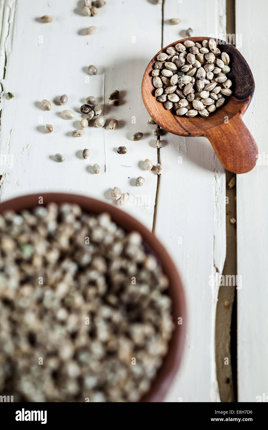 Earthenware dish and wooden spoon of organic hemp seed, Cannabis sativa ...