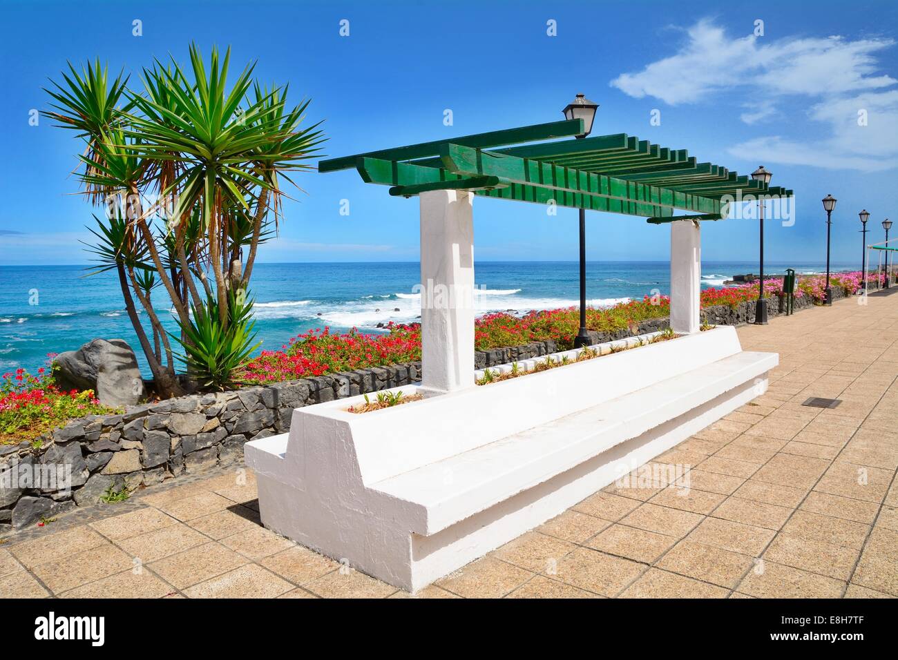 Ocean Promenade in Puerto de la Cruz, Tenerife, Spain with lamps and ...