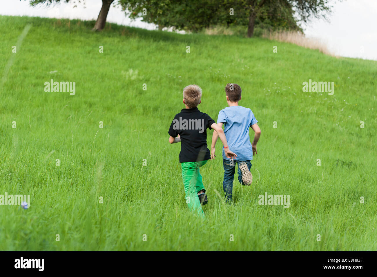Two boys running on a meadow uphill Stock Photo - Alamy