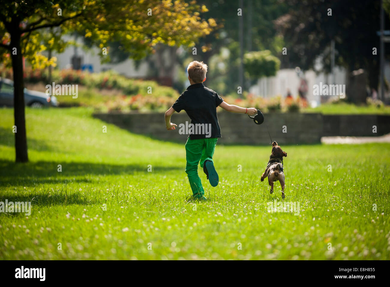 Boy running with his dog on a meadow Stock Photo - Alamy