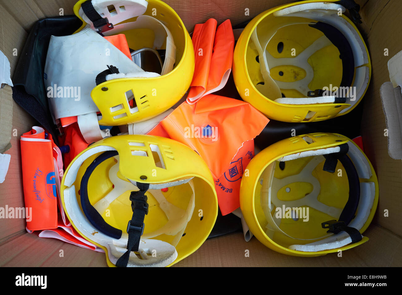 Box of canoeing gear Stock Photo - Alamy