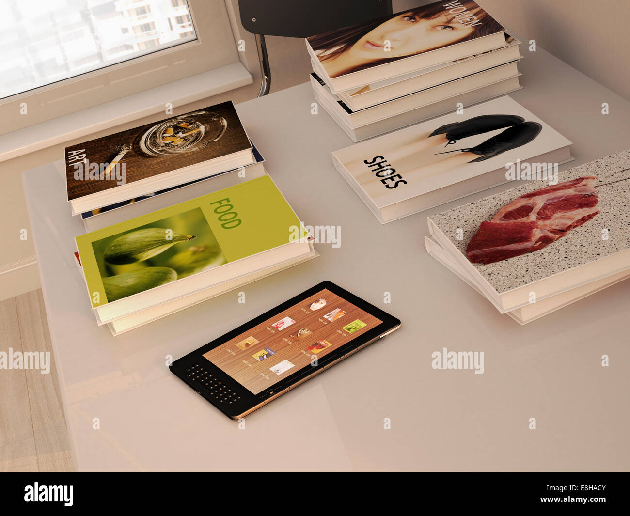 E-reader and books lying on a table, 3D Rendering Stock Photo - Alamy