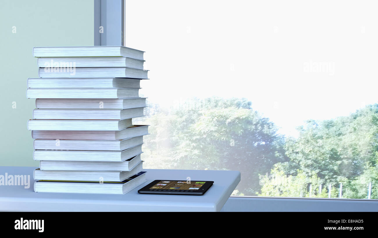 E-reader and stack of book lying on a table in front of a window, 3D ...