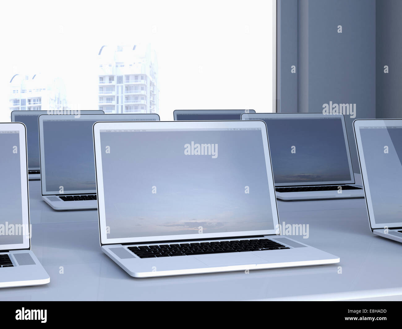 Opened laptops on a table in a n office, 3D Rendering Stock Photo - Alamy