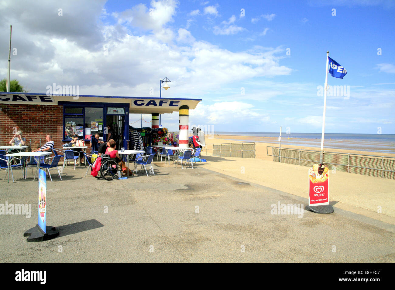 A seafront cafe on the promenade at Mablethorpe, Lincolnshire, England ...