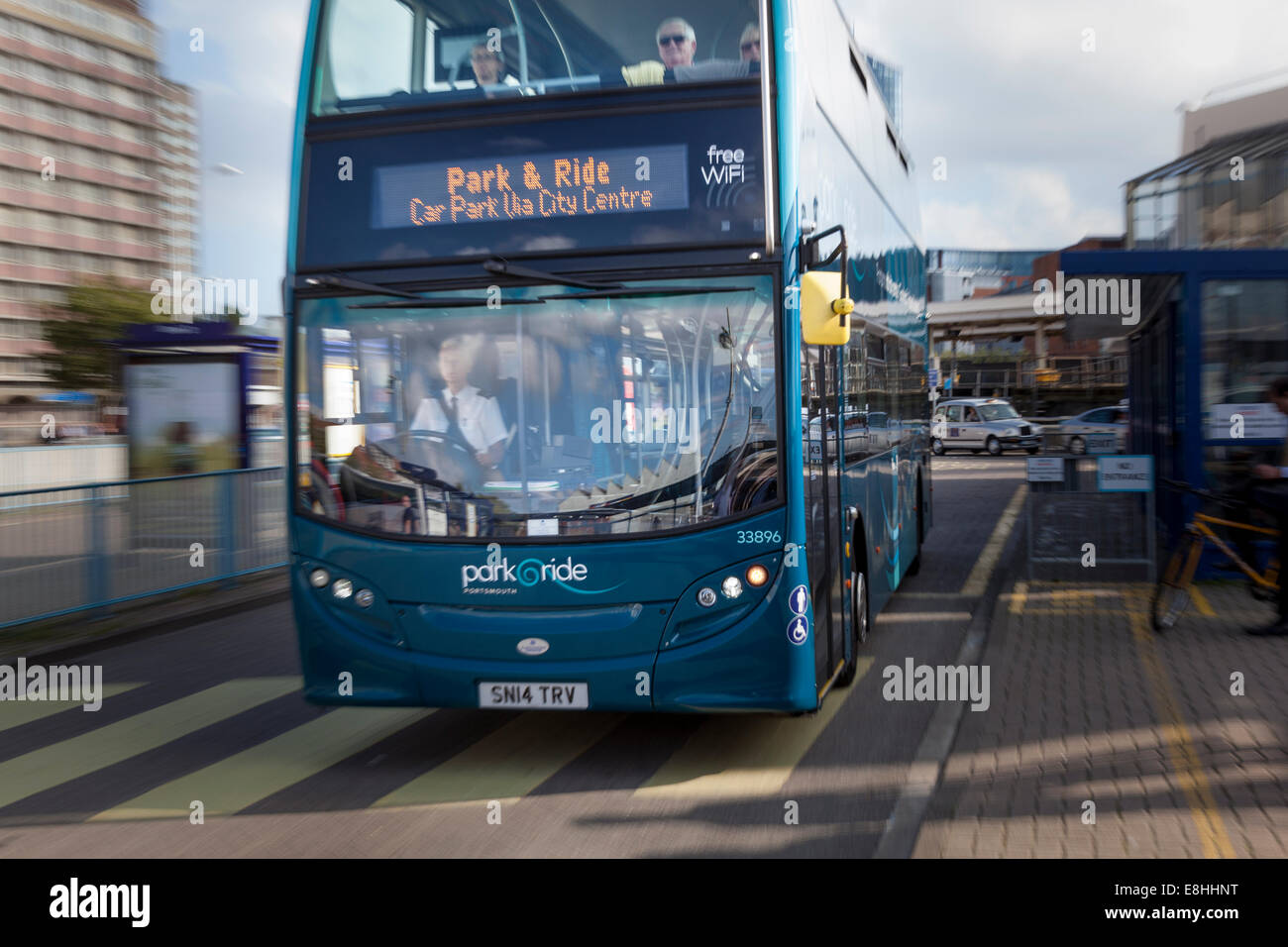 Park and ride bus approaches the busy Hard Interchange in Portsmouth ...
