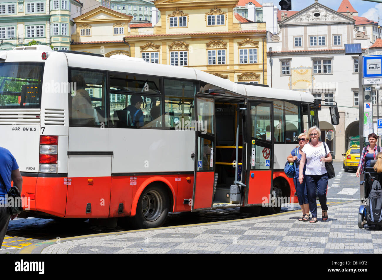 A bus at a bus stop in the City of Prague, Czech Republic Stock Photo ...