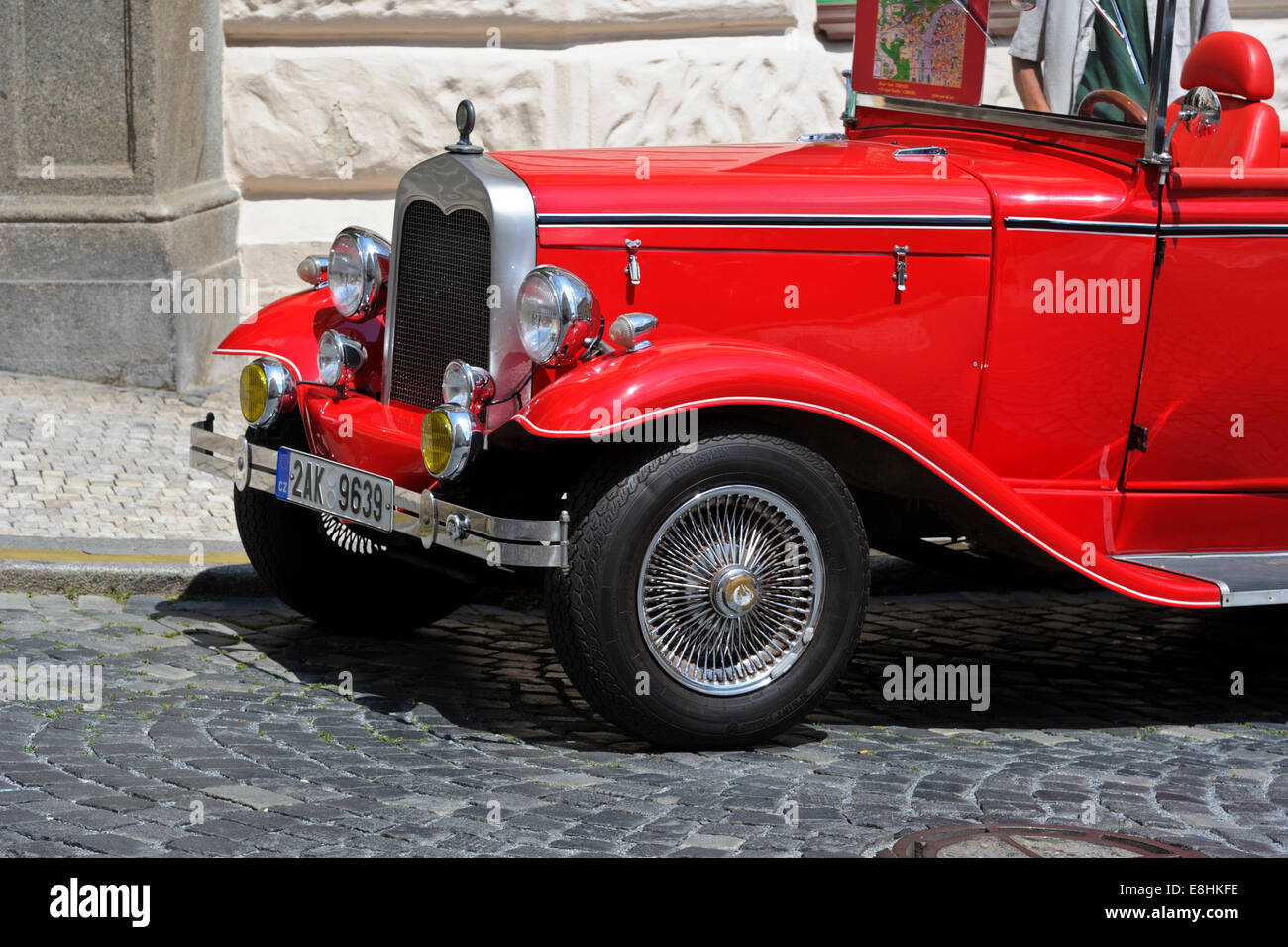 A customized convertible red car on the street of City of Prague, Czech ...