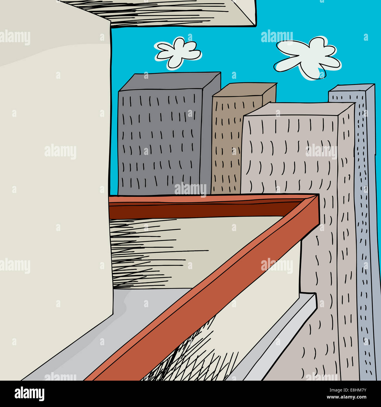 Cartoon of balcony with blank wall and tall buildings Stock Photo - Alamy