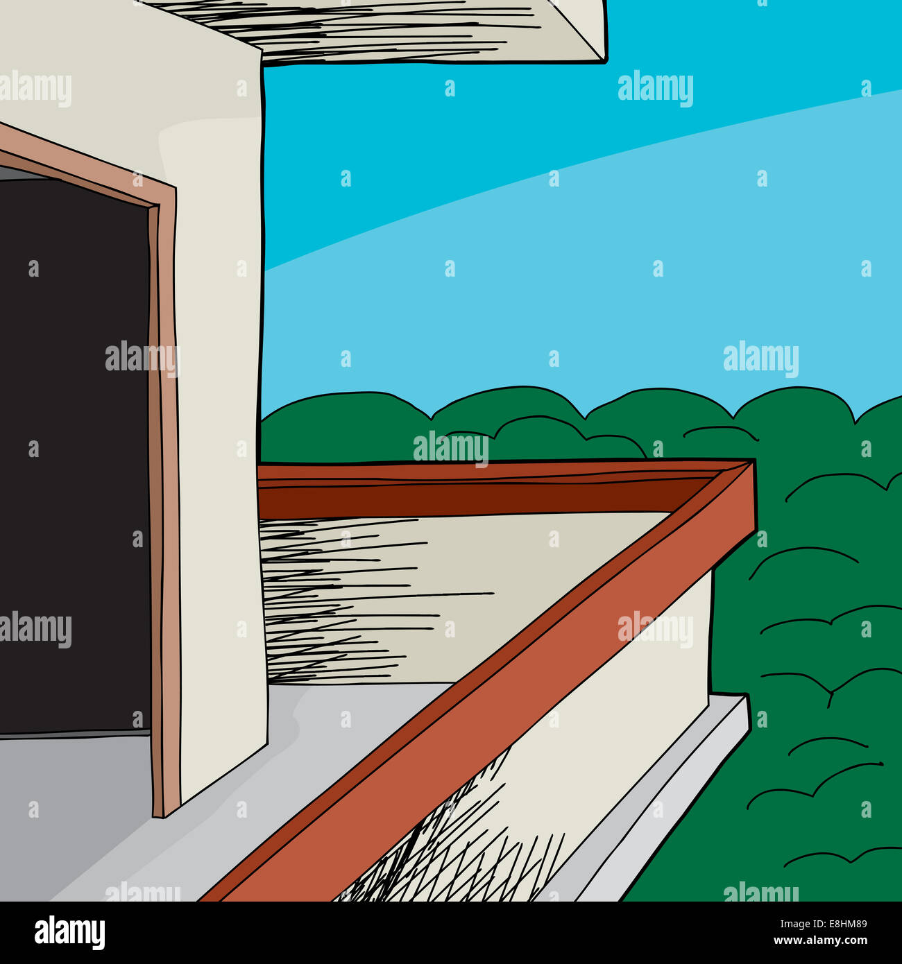 Cartoon patio with empty doorway and forest background Stock Photo - Alamy