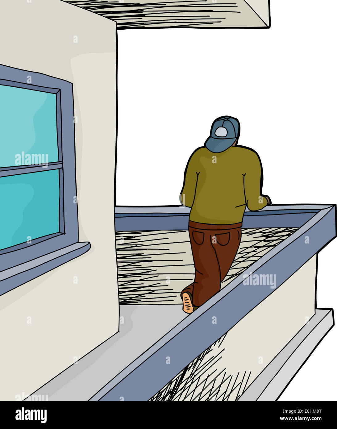 Man looking from cartoon balcony over white Stock Photo - Alamy