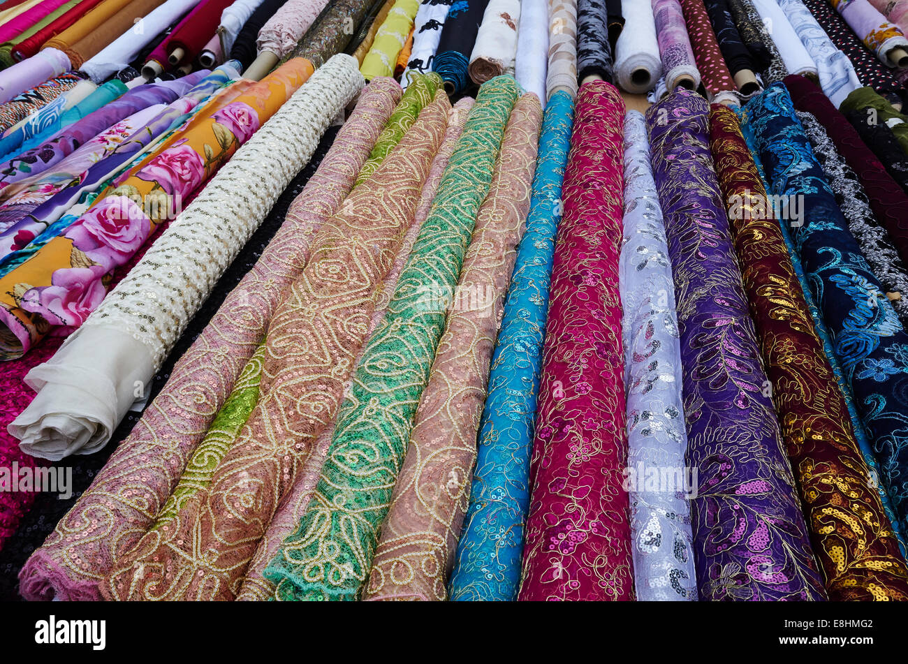 Rolls of material for sale at East Street Market, London Stock Photo ...