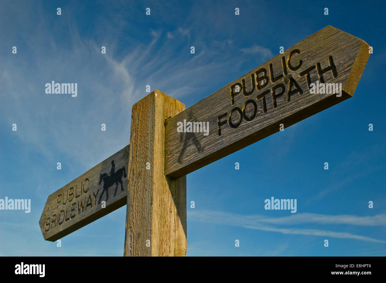 Timber footpath and bridleway signpost indicating public rights of ...