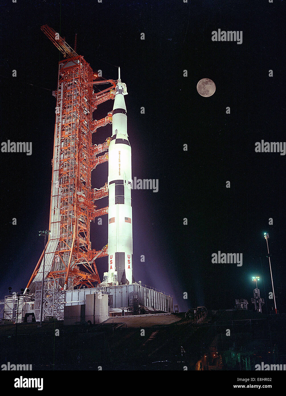 The Saturn V rocket is seen on the launch pad in an archival photo ...