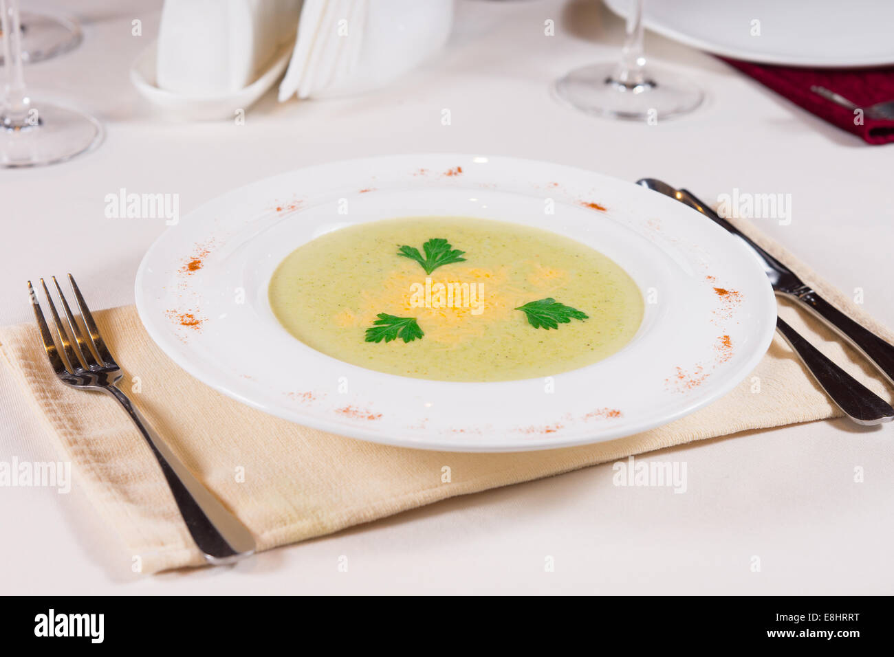 Plate of gourmet vegetable soup artistically plated with coriander ...