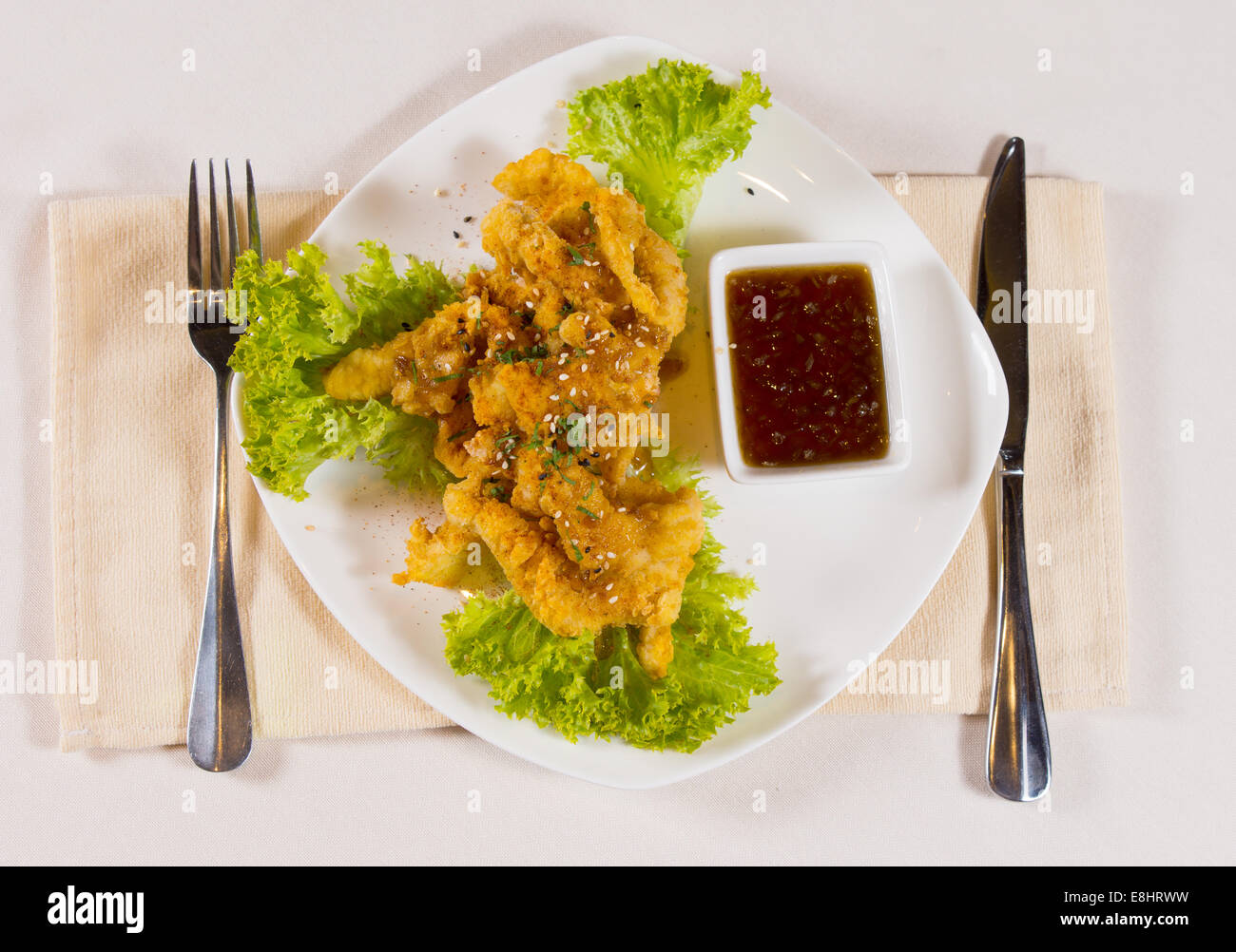 Close up Tasty Crispy Fried Chicken Meat above Fresh Lettuce Recipe ...