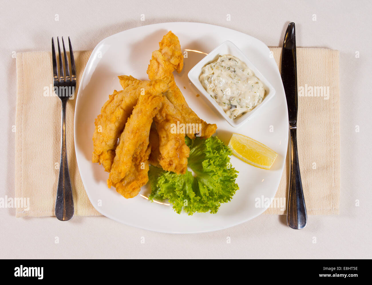 Gourmet Tasty Fried Meaty Main Dish with Creamy Dip Served on White ...