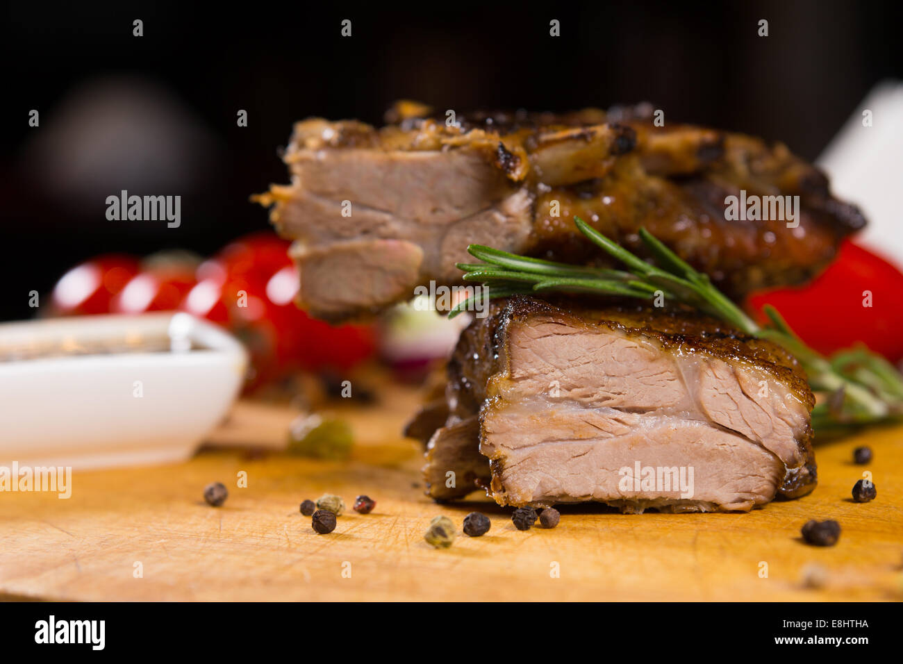 Macro Well Cooked Meat on Wooden Chopping Board with Herb Stock Photo ...