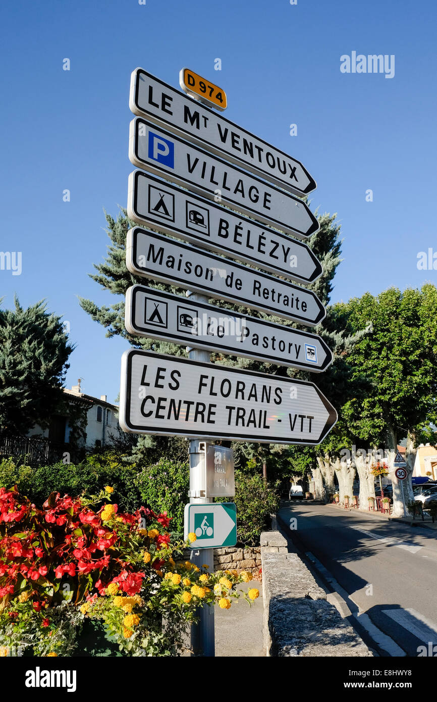 Signs to Mont Ventoux in the village of Bedoin, Provence, Italy Stock ...
