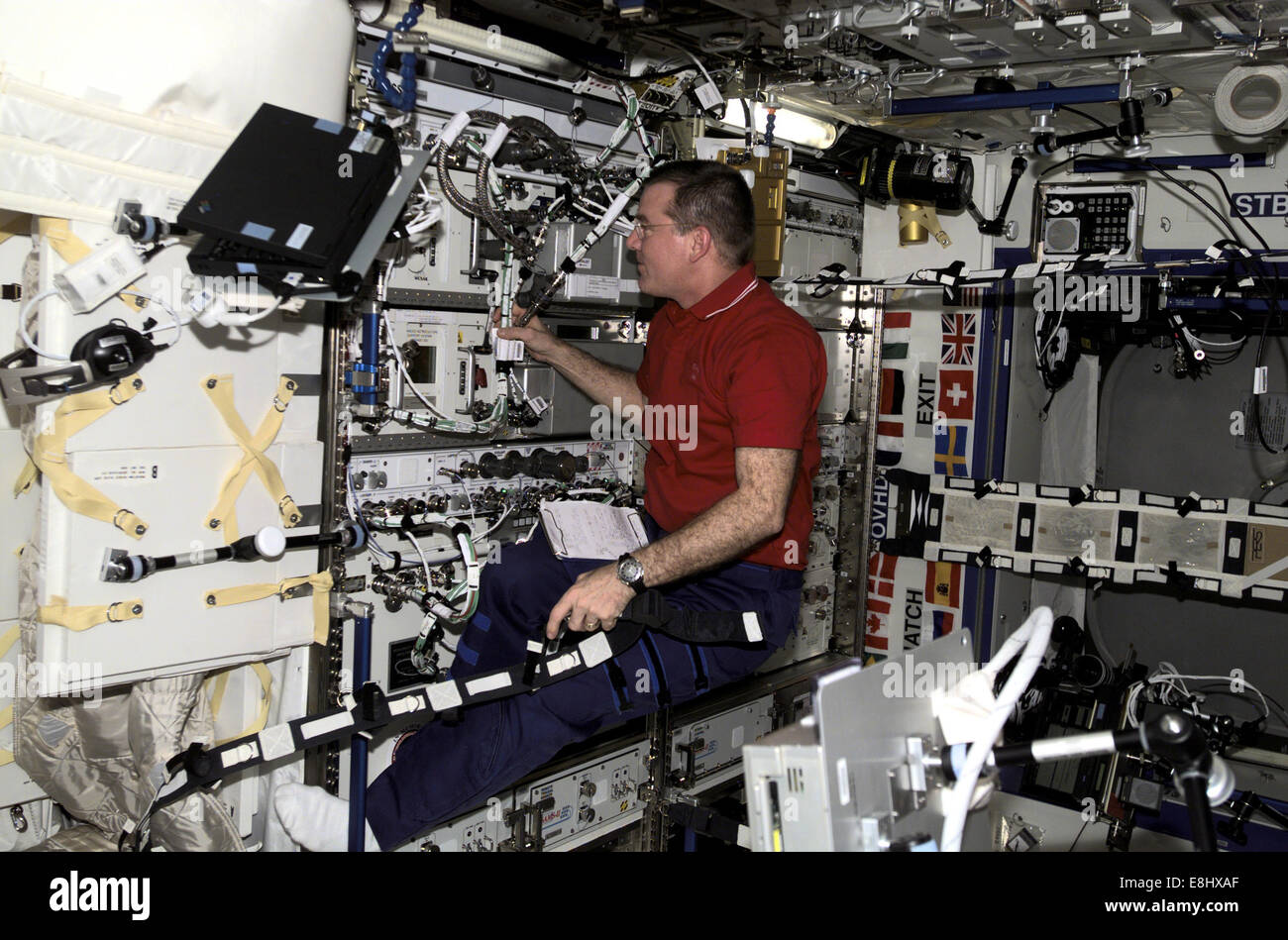 Astronaut James S. Voss works with cables on the EXPRESS Rack in the ...