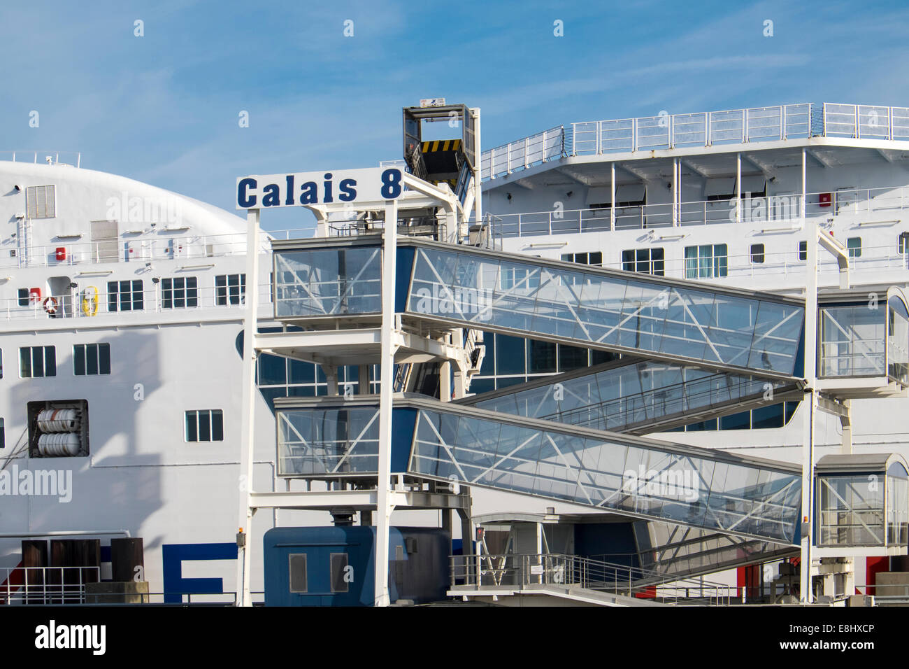 Detail from ferry docked in Calais port number 8 with passenger walkway ...