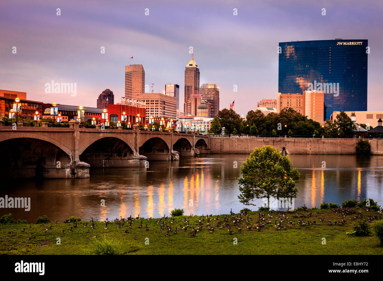 Indianapolis skyline and the White River at sunset Stock Photo - Alamy