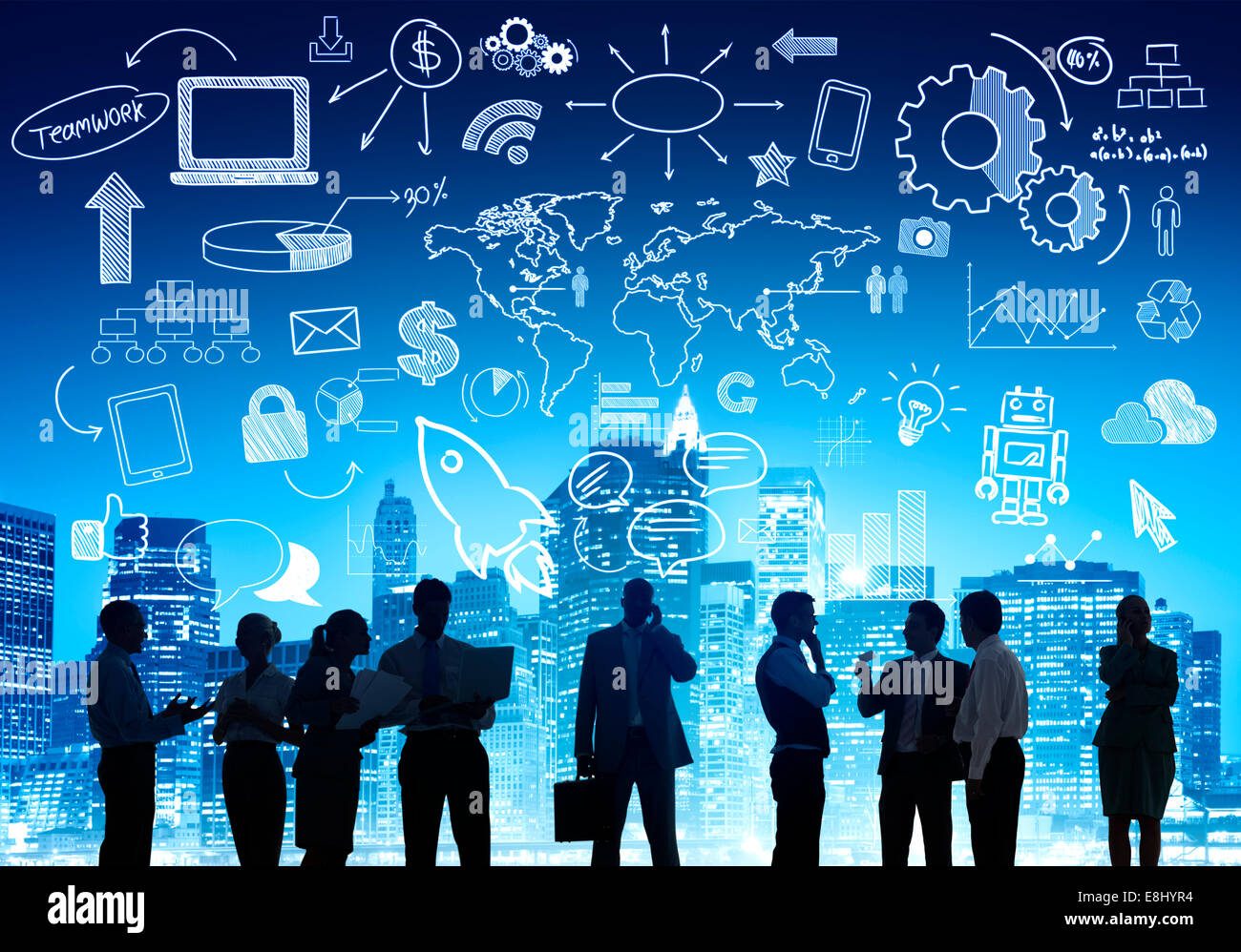 Group of business people working in a view of urban scene and work ...