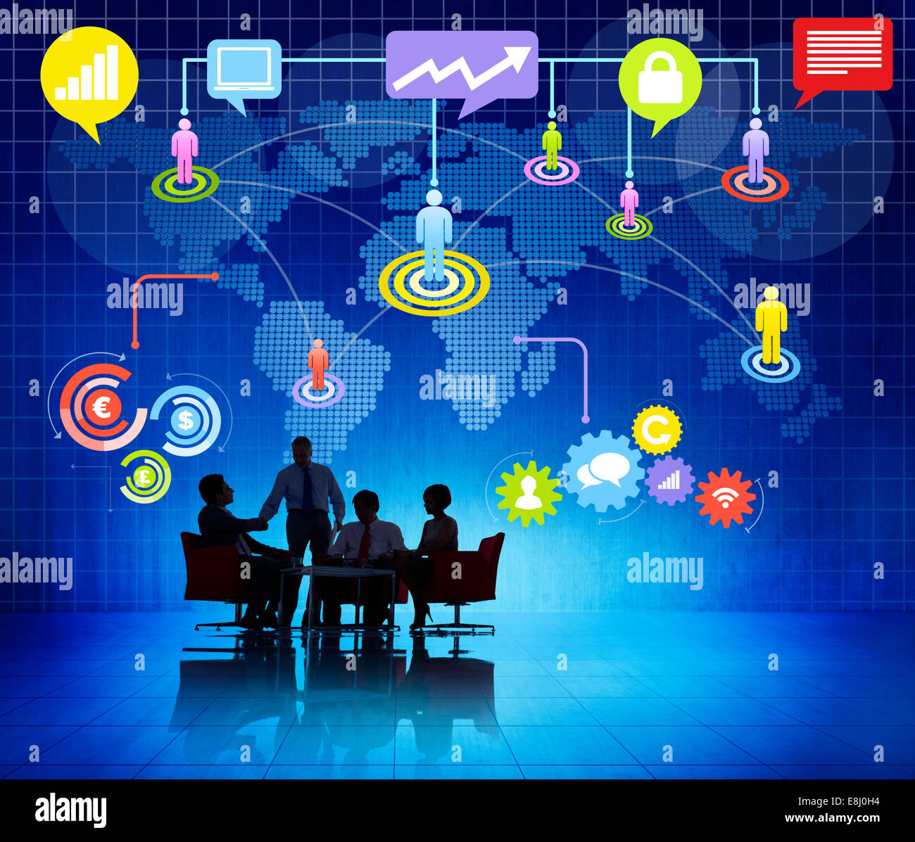 Group Of Business People Silhouettes Working Indoors And Global ...