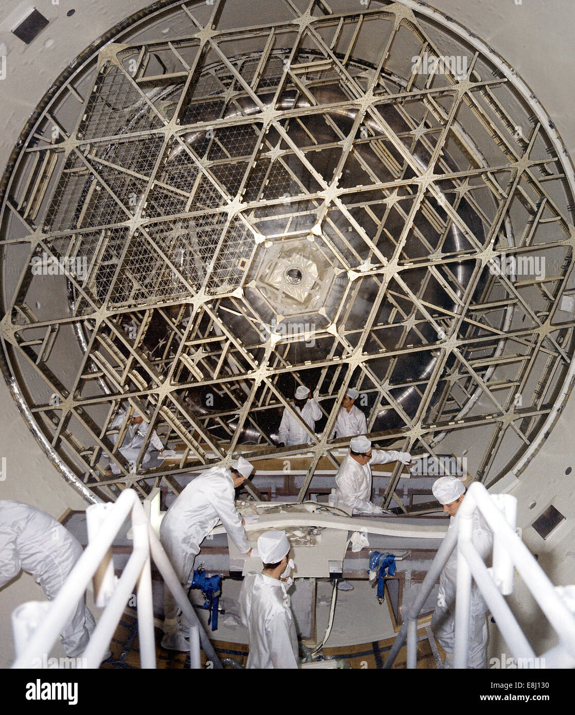 The installation of floor grids in Skylab’s Orbital Workshop (OWS) tank ...