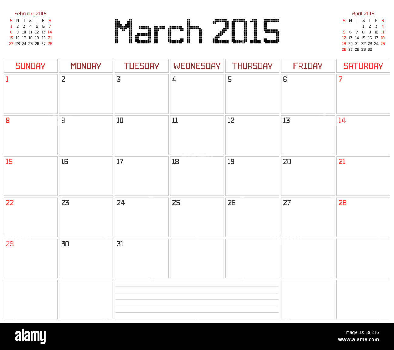 A monthly planner calendar for March 2015 on white. A square pixel ...
