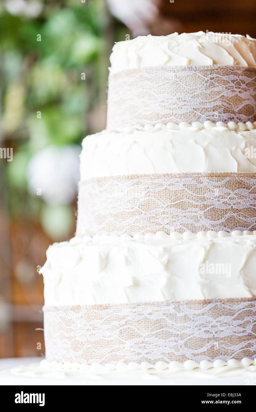 Three stack simple wedding cake in banquet hall Stock Photo - Alamy
