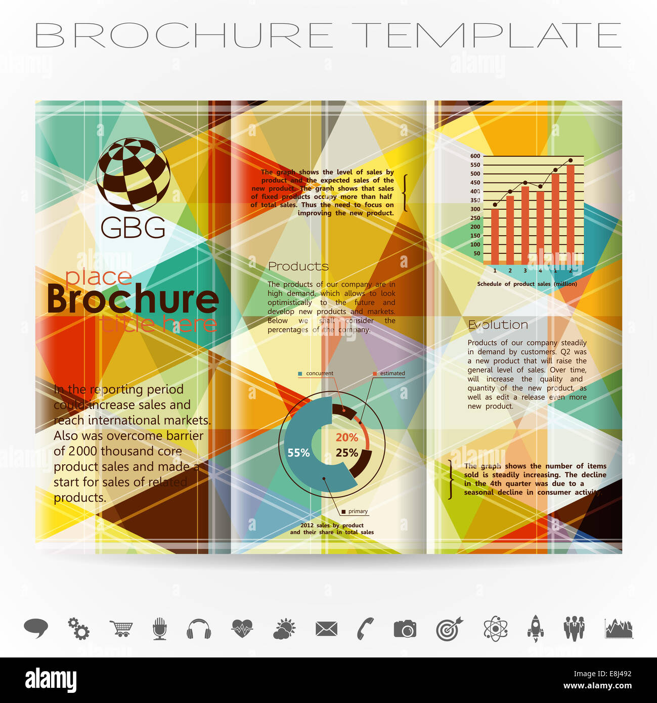 Modern Brochure Design Template with Triangle Pattern, Collect Icons ...