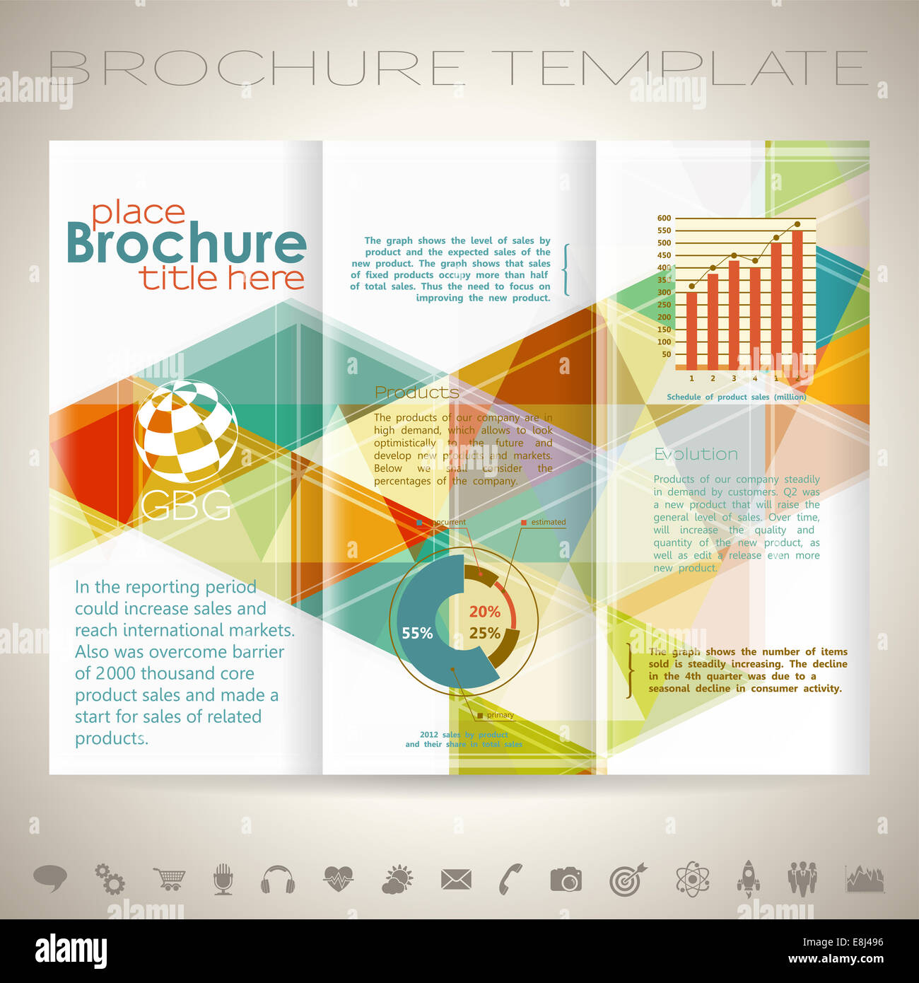 Modern Brochure Design Template with Triangle Pattern, Collect Icons ...