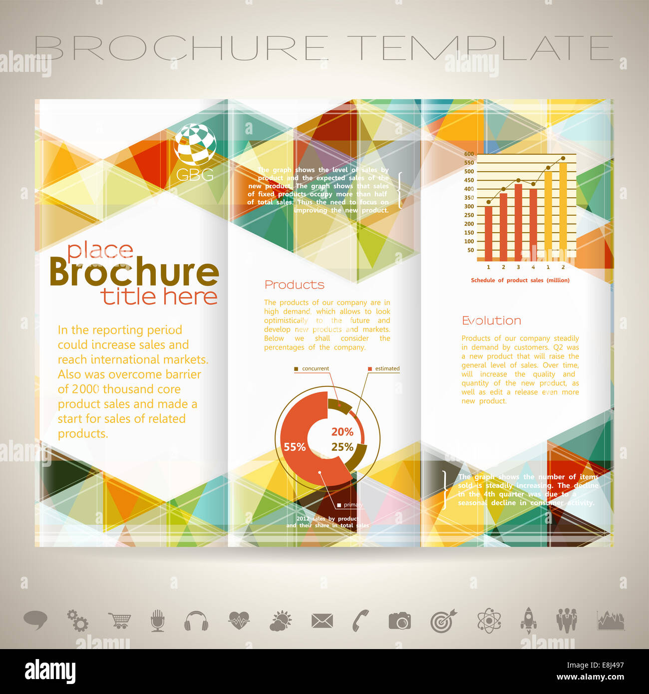 Modern Brochure Design Template with Triangle Pattern, Collect Icons ...