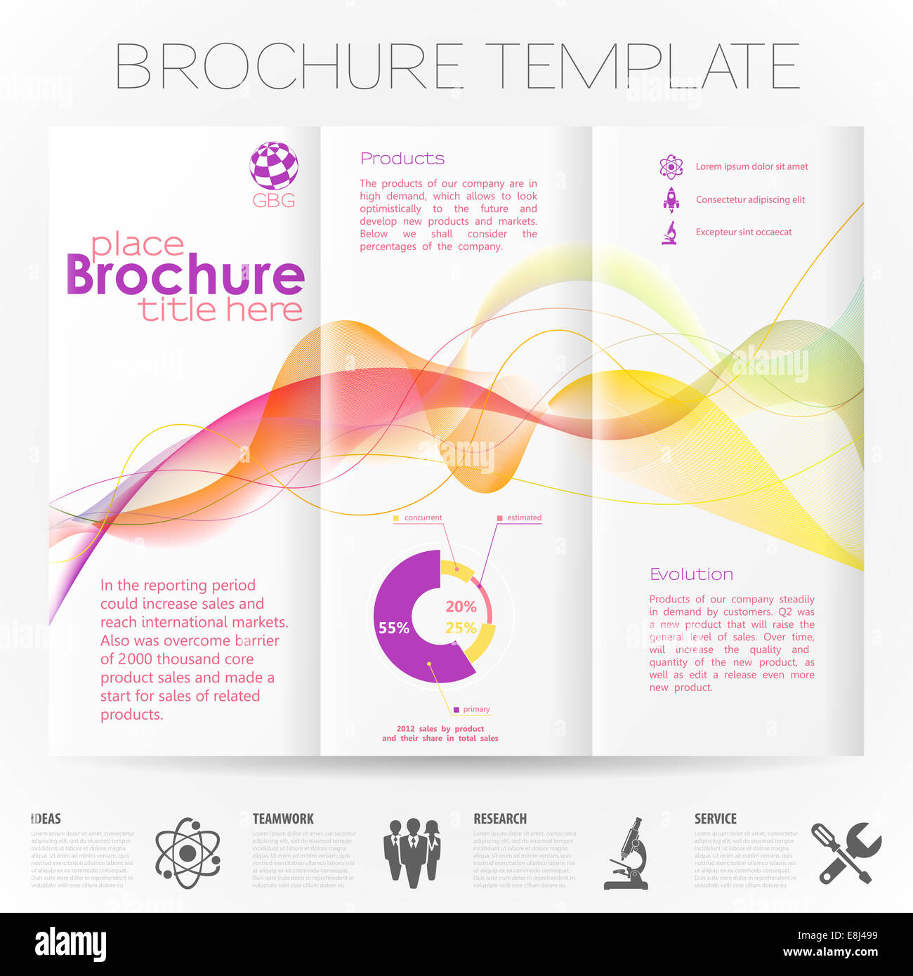 Modern Brochure Design Template with Wave Pattern, Collect Icons and ...