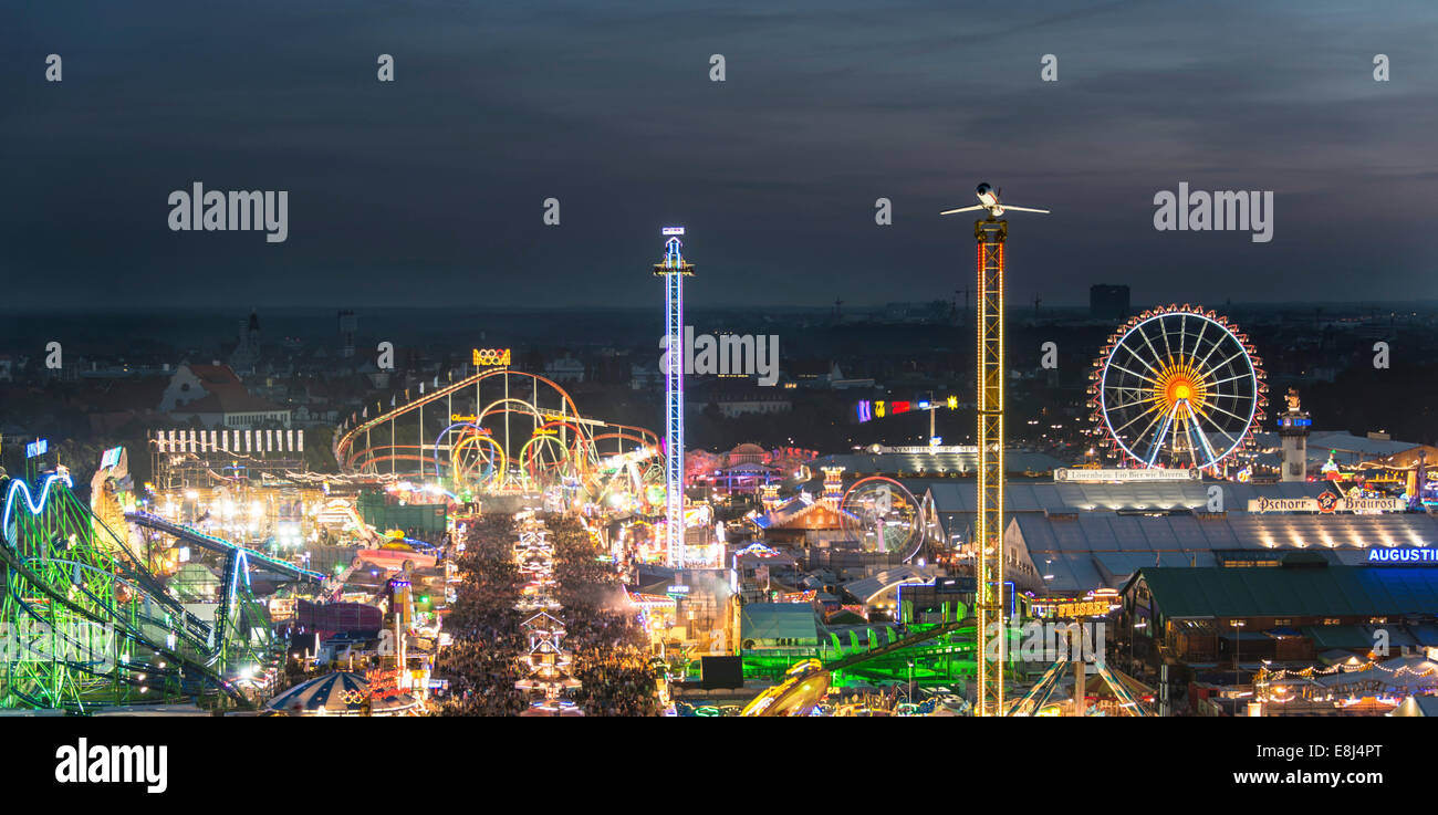 Overlooking the Oktoberfest at night, Munich, Upper Bavaria, Bavaria ...