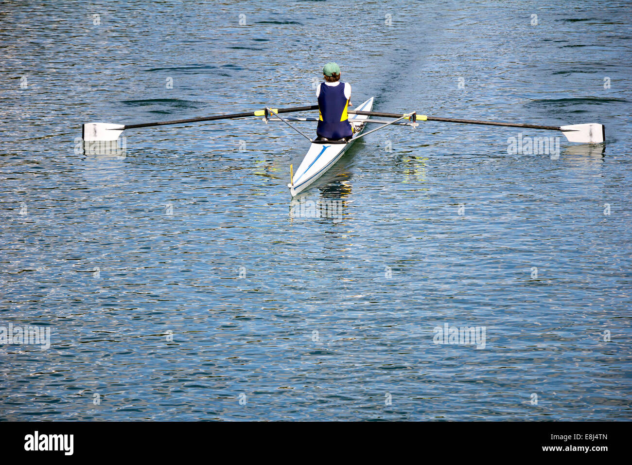 Rower in a boat, rowing on the tranquil lake Stock Photo - Alamy