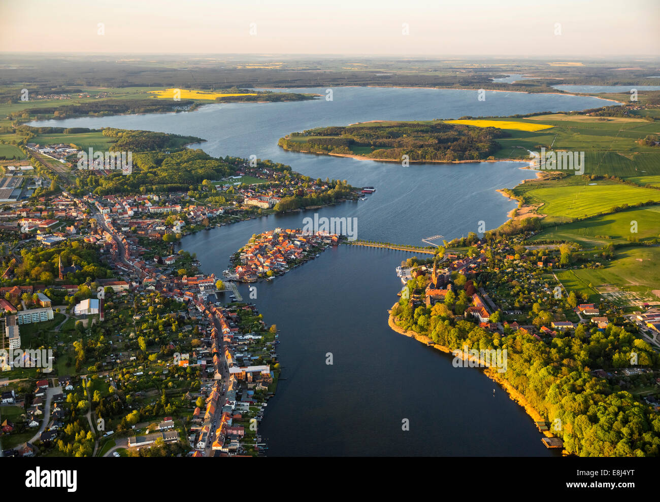 Aerial view, Malchow with Malchower See lake and the island with the ...