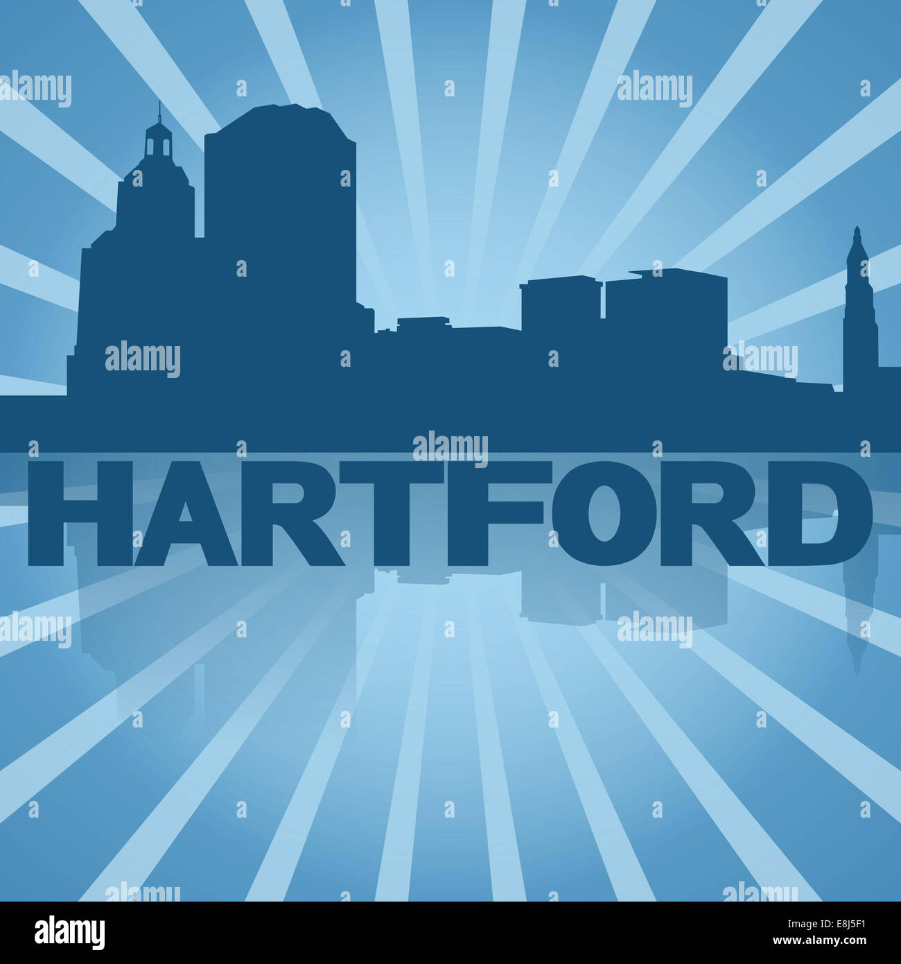 Hartford skyline reflected with blue sunburst illustration Stock Photo ...