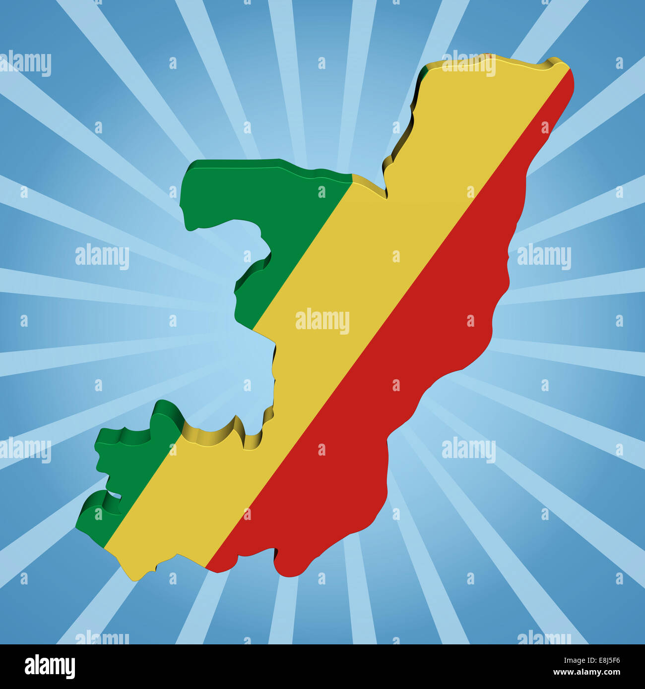 Republic of Congo map flag on blue sunburst illustration Stock Photo ...
