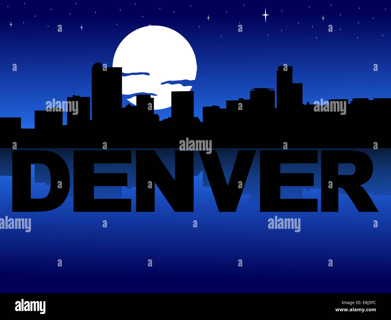 Denver skyline reflected with text and moon illustration Stock Photo ...