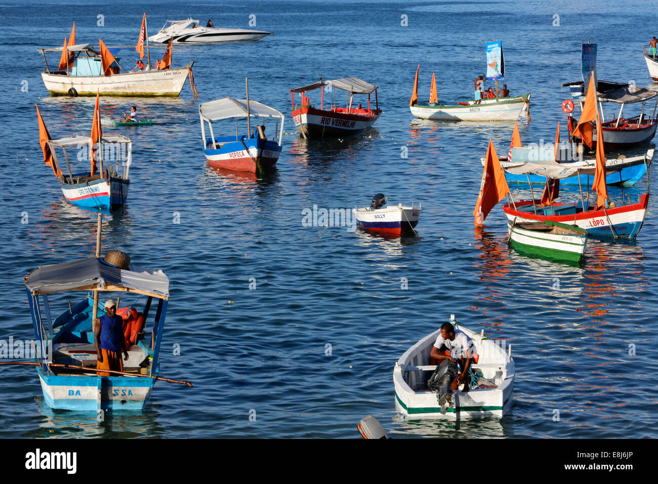 Fishing boats at sea during Iemanja festival on Rio Vermelho beach ...